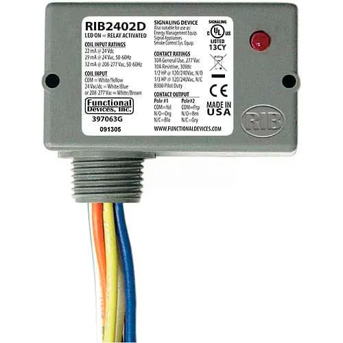RIB® Enclosed Relay RIB2402D, 10A, DPDT, 24VAC/DC/208-277VAC