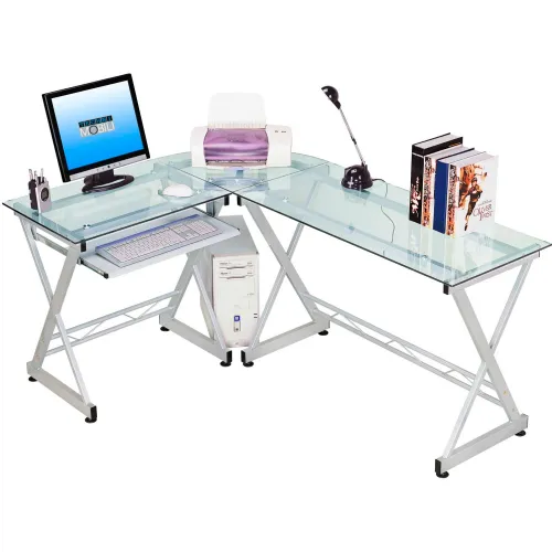 Techni Mobili L-Shaped Tempered Glass Top Computer Desk with Pull Out ...