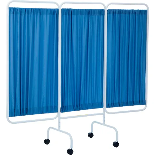 R&B® Wire Mobile Medical Privacy Screen, 81"W x 69"H, 3 Blue Fabric Panels