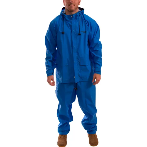 Storm-Champ® 2 Piece Suit, Attached Hood, PVC on Nylon, M, Royal Blue