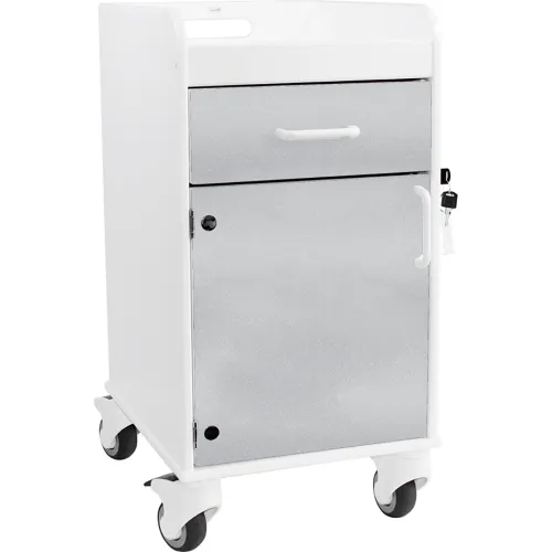 TrippNT™ Compact Bedside Cart, 1 Locking Drawer, White with Silver Metallic