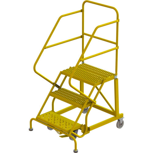3 Step 24"W Steel Safety Angle Rolling Ladder, Grip Strut, Safety ...