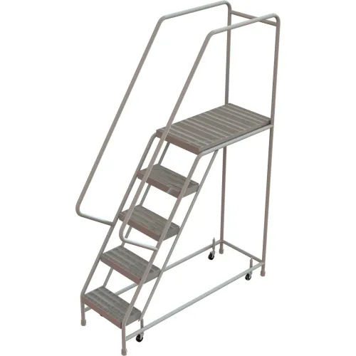 5 Step Aluminum Rolling Ladder, 16"W Ribbed Tread, 28"D Top Step ...