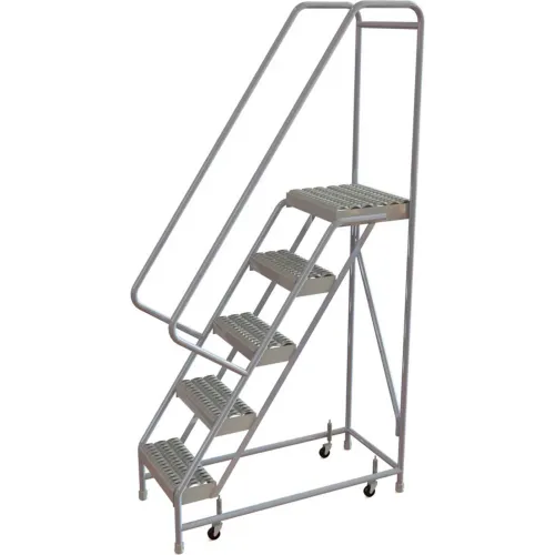 5 Step Aluminum Rolling Ladder, 16"W Grip Tread, 14"D Top Step ...