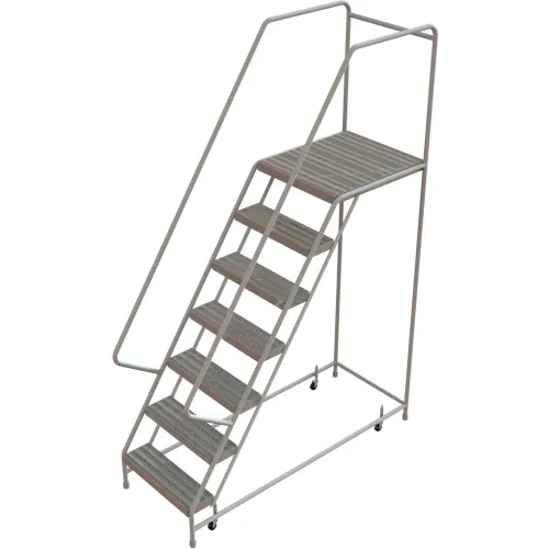 7 Step Aluminum Rolling Ladder, 24"W Ribbed Tread, 21"D Top Step ...