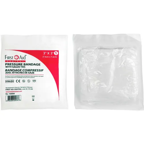First Aid Central™ Compress Pressure Bandage with Gauze Ties, 3" x 3"
