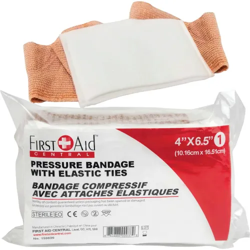 First Aid Central™ Compress Pressure Bandage with Elastic Ties, 4" x 6.5"