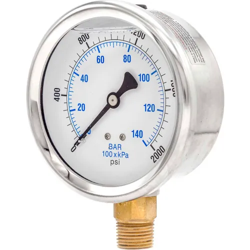 Pic Gauges 4" Pressure Gauge, Liquid Filled, 2000 PSI, Stainless Case ...