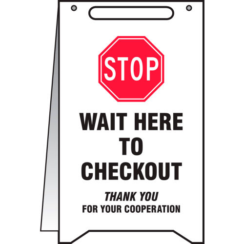 Accuform® A-Frame Floor Sign, Stop Wait Here to Checkout, 20" H x 12" W ...