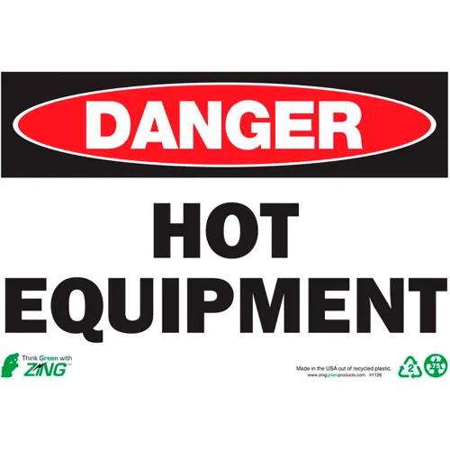 Zing Eco Safety Sign, Danger Hot Equipment, 10"W x 7"H, Recycled Plastic