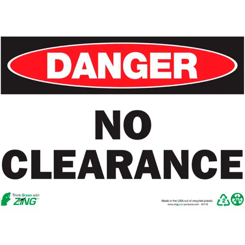 Zing Eco Safety Sign, Danger No Clearance, 14"W x 10"H, Recycled Plastic