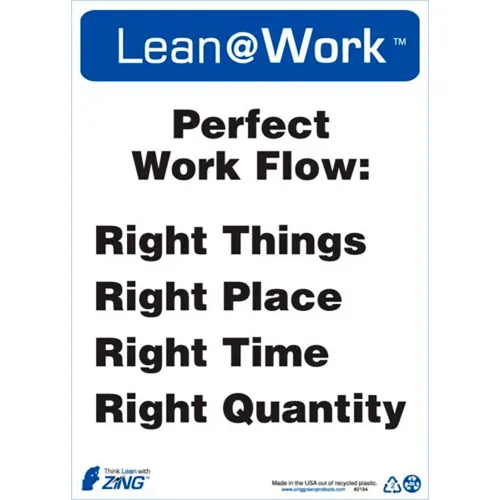 Zing Lean at Work Sign, Perfect Work Flow, 10"W x 14"H, Black/Blue/White