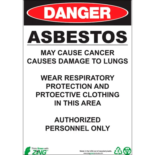 Zing Eco GHS Sign, Danger Asbestos, 10"W x 14"H, Polystyrene