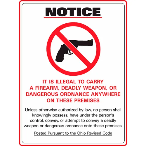 Zing Concealed Carry Sign, Ohio Regulations, 10"W x 14"H, Recycled Aluminum
