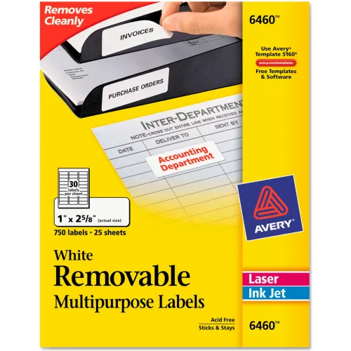 Avery® Removable Inkjet/Laser ID Labels, 1 x 2-5/8, White, 750/Pack