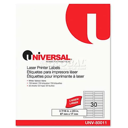 Universal® Laser Printer File Folder Labels, 3-7/16" x 2/3", White, 750/Box