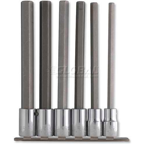 Urrea Long Hex Tip Socket Set, 54416L, 1/2" Drive, 6 Pieces, W/Clips & Rail