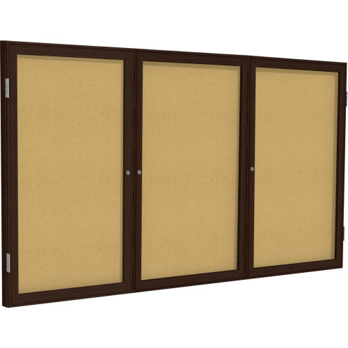 Ghent Enclosed Bulletin Board, 3 Door, 96"W x 48"H, Natural Cork/Walnut ...